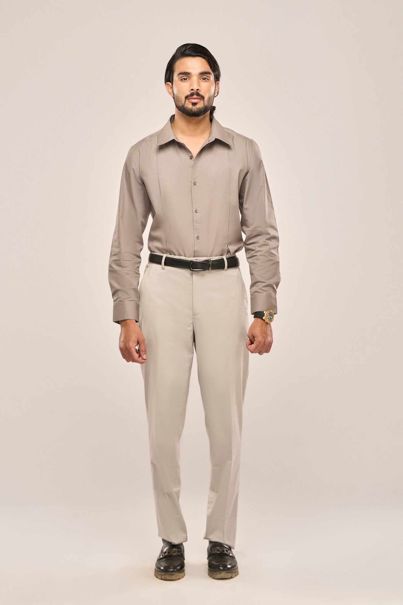 TZÁR Men's Cotton Poplin Pleat Shirt | Charcoal Black & Grey | Slim Fit ...